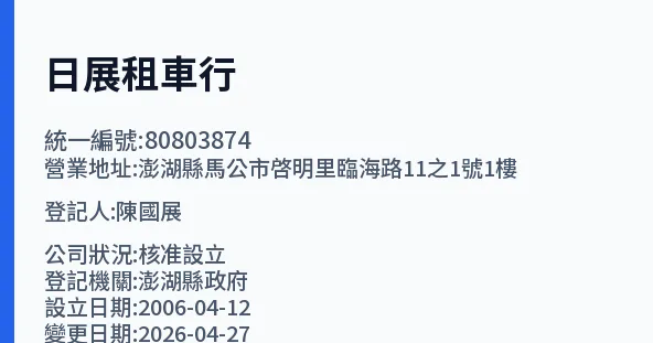 日展租車行的照片-統編 80803874(澎湖縣) 公司登記資料與營業項目詳細圖表
