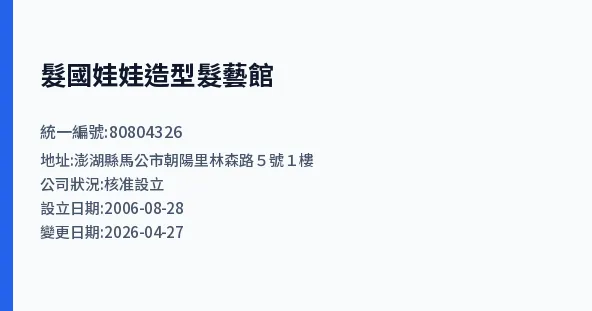 髮國娃娃造型髮藝館的照片-統編 80804326(澎湖縣) 公司登記資料與營業項目詳細圖表