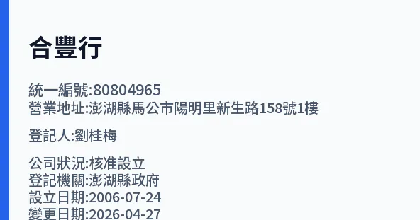 合豐行的照片-統編 80804965(澎湖縣) 公司登記資料與營業項目詳細圖表