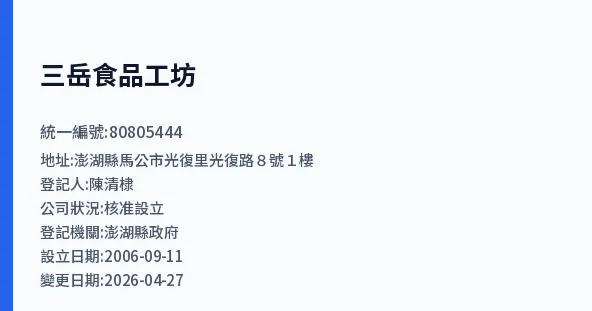 三岳食品工坊的照片-統編 80805444(澎湖縣) 公司登記資料與營業項目詳細圖表