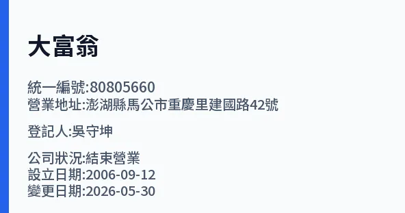大富翁的照片-統編 80805660(澎湖縣) 公司登記資料與營業項目詳細圖表