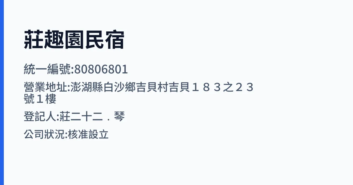 莊趣園民宿 - 統編 80806801(澎湖縣) 公司登記資料與營業項目詳細圖表