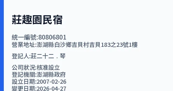 莊趣園民宿的照片-統編 80806801(澎湖縣) 公司登記資料與營業項目詳細圖表