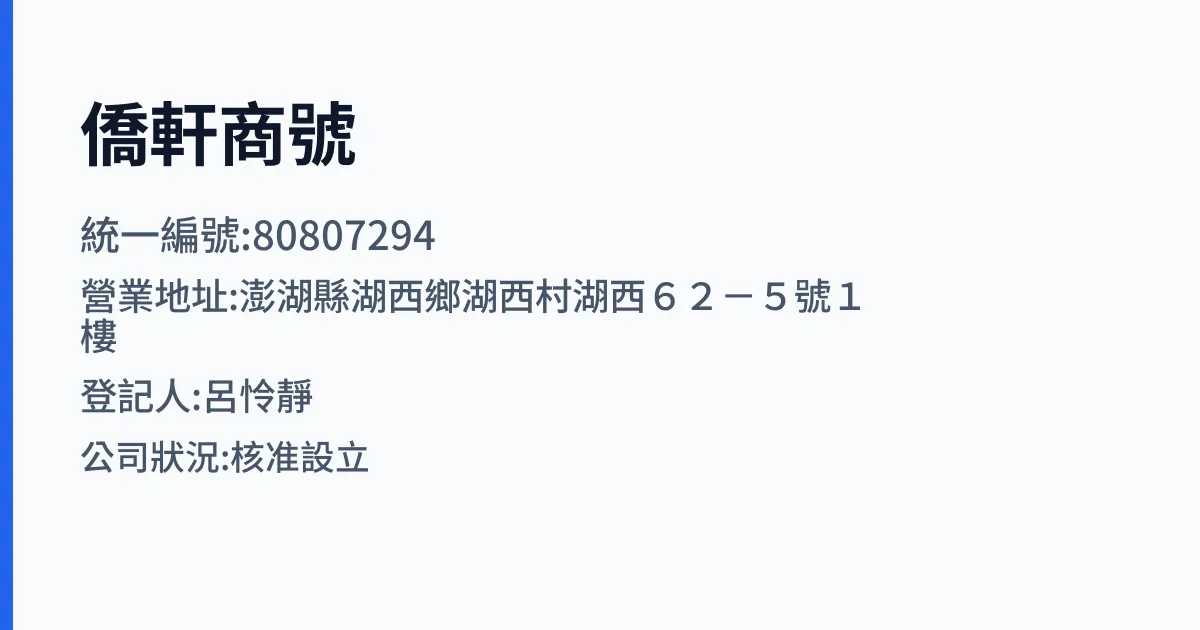 僑軒商號 - 統編 80807294(澎湖縣) 公司登記資料與營業項目詳細圖表