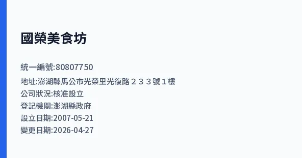 國榮美食坊的照片-統編 80807750(澎湖縣) 公司登記資料與營業項目詳細圖表