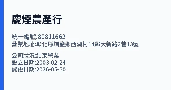 慶煙農產行的照片-統編 80811662(彰化縣) 公司登記資料與營業項目詳細圖表