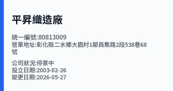平昇織造廠的照片-統編 80813009(彰化縣) 公司登記資料與營業項目詳細圖表