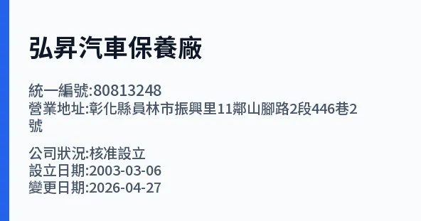 弘昇汽車保養廠的照片-統編 80813248(彰化縣) 公司登記資料與營業項目詳細圖表