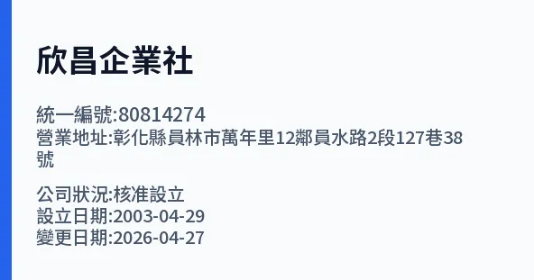 欣昌企業社的照片-統編 80814274(彰化縣) 公司登記資料與營業項目詳細圖表