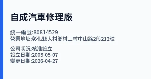 自成汽車修理廠的照片-統編 80814529(彰化縣) 公司登記資料與營業項目詳細圖表
