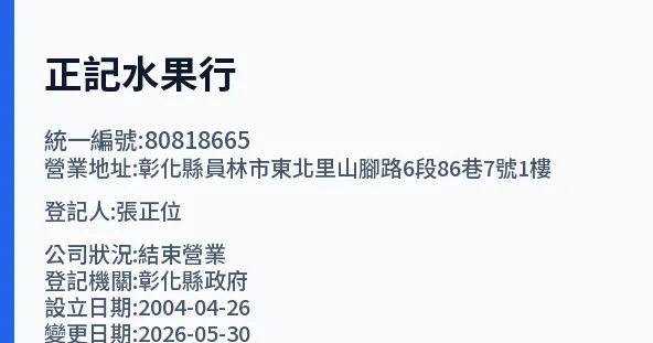 正記水果行的照片-統編 80818665(彰化縣) 公司登記資料與營業項目詳細圖表