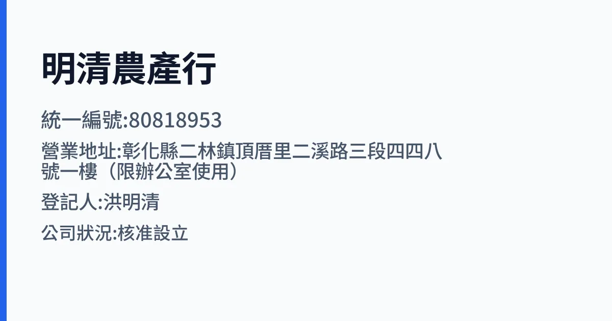 明清農產行 - 統編 80818953(彰化縣) 公司登記資料與營業項目詳細圖表