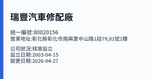 瑞豐汽車修配廠的照片-統編 80820156(彰化縣) 公司登記資料與營業項目詳細圖表