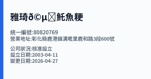 雅琦𩵚魠魚粳的照片-統編 80820769(彰化縣) 公司登記資料與營業項目詳細圖表