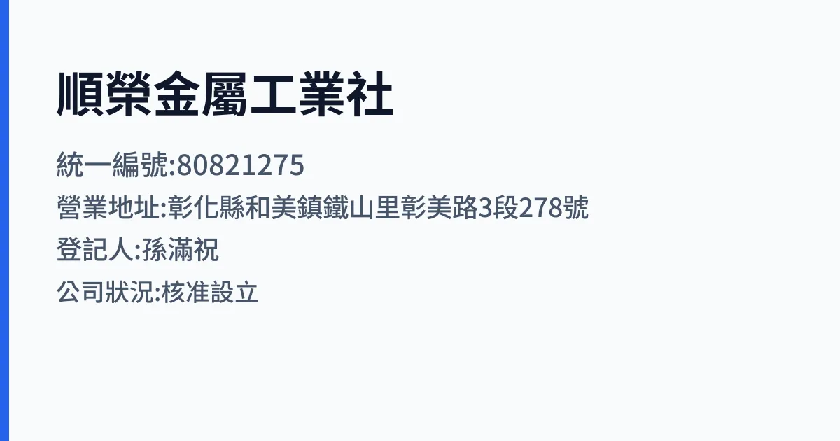 順榮金屬工業社 - 統編 80821275(彰化縣) 公司登記資料與營業項目詳細圖表
