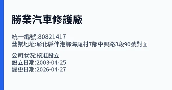 勝業汽車修護廠的照片-統編 80821417(彰化縣) 公司登記資料與營業項目詳細圖表