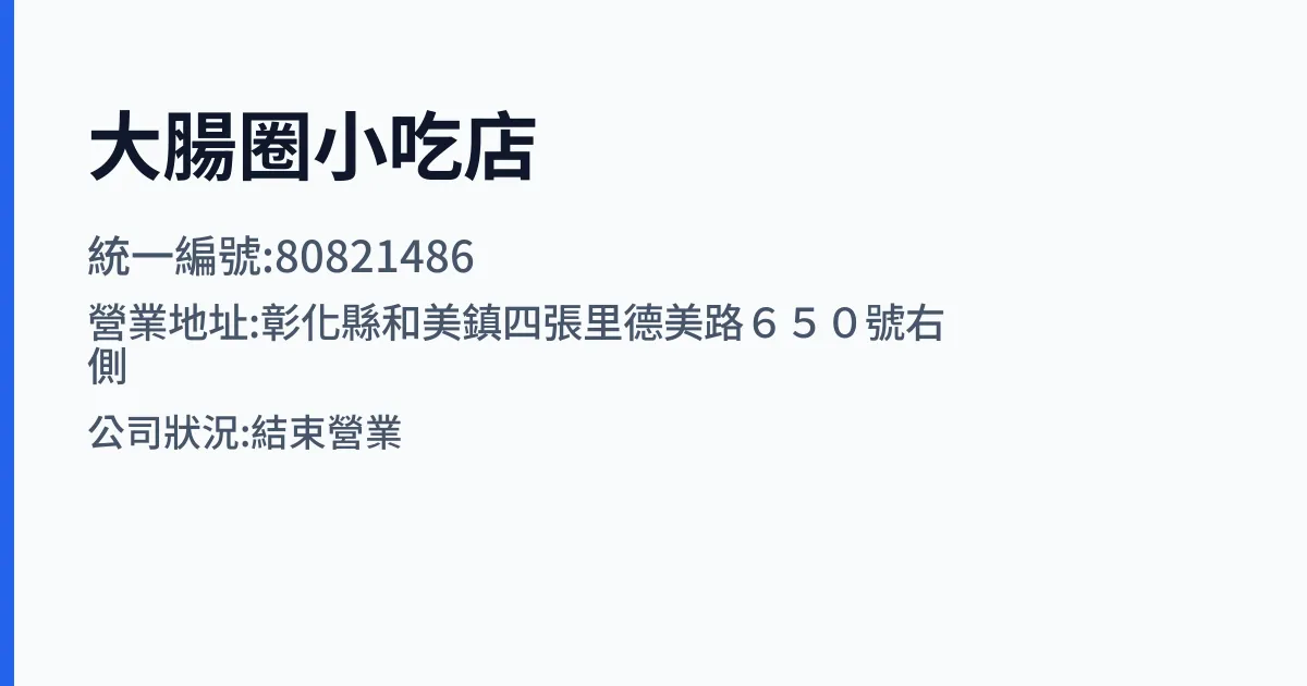 大腸圈小吃店 - 統編 80821486(彰化縣) 公司登記資料與營業項目詳細圖表