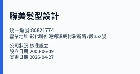 聯美髮型設計的照片-統編 80821774(彰化縣) 公司登記資料與營業項目詳細圖表