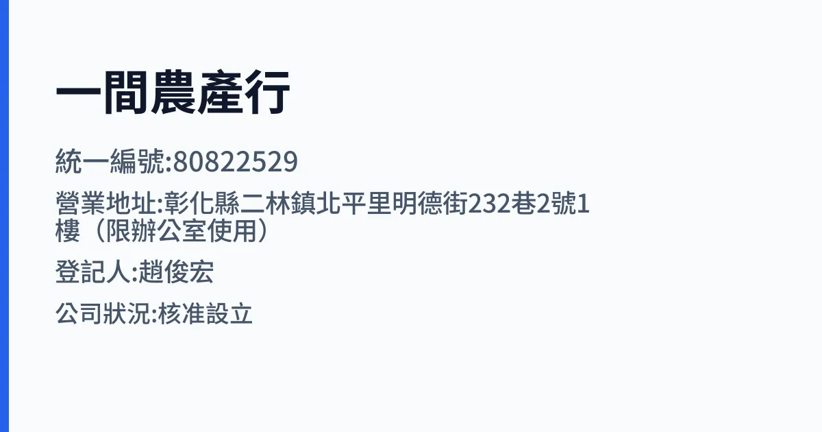 一間農產行 - 統編 80822529(彰化縣) 公司登記資料與營業項目詳細圖表