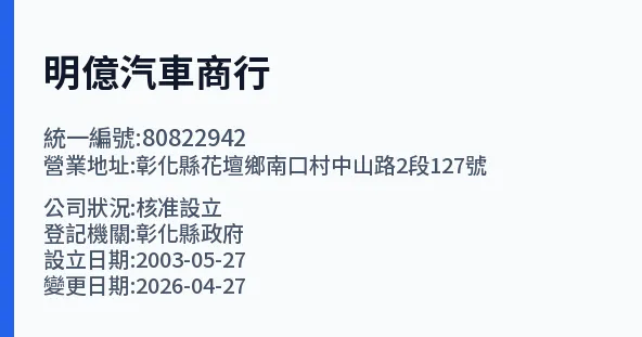 明億汽車商行的照片-統編 80822942(彰化縣) 公司登記資料與營業項目詳細圖表