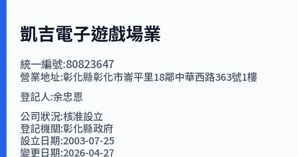 凱吉電子遊戲場業的照片-統編 80823647(彰化縣) 公司登記資料與營業項目詳細圖表