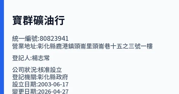 寶群礦油行的照片-統編 80823941(彰化縣) 公司登記資料與營業項目詳細圖表