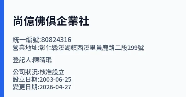 尚億佛俱企業社的照片-統編 80824316(彰化縣) 公司登記資料與營業項目詳細圖表