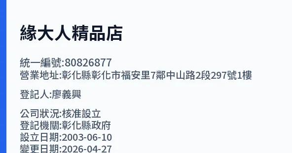 緣大人精品店的照片-統編 80826877(彰化縣) 公司登記資料與營業項目詳細圖表