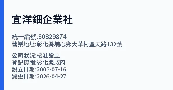 宜洋鈿企業社的照片-統編 80829874(彰化縣) 公司登記資料與營業項目詳細圖表