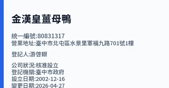金漢皇薑母鴨的照片-統編 80831317(臺中市) 公司登記資料與營業項目詳細圖表