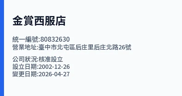 金賞西服店的照片-統編 80832630(臺中市) 公司登記資料與營業項目詳細圖表