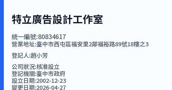 特立廣告設計工作室的照片-統編 80834617(臺中市) 公司登記資料與營業項目詳細圖表