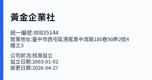 黃金企業社的照片-統編 80835144(臺中市) 公司登記資料與營業項目詳細圖表