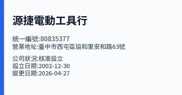 源捷電動工具行的照片-統編 80835377(臺中市) 公司登記資料與營業項目詳細圖表