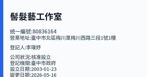 髻髮藝工作室的照片-統編 80836164(臺中市) 公司登記資料與營業項目詳細圖表