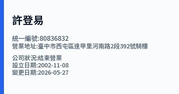 許登易的照片-統編 80836832(臺中市) 公司登記資料與營業項目詳細圖表