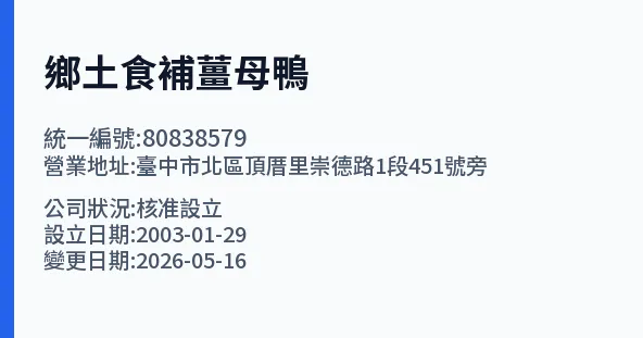 鄉土食補薑母鴨的照片-統編 80838579(臺中市) 公司登記資料與營業項目詳細圖表
