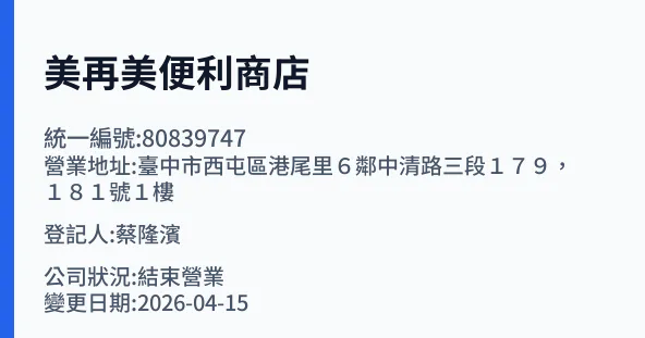 美再美便利商店的照片-統編 80839747(臺中市) 公司登記資料與營業項目詳細圖表