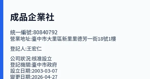 成品企業社的照片-統編 80840792(臺中市) 公司登記資料與營業項目詳細圖表