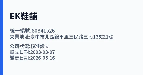 EK鞋舖的照片-統編 80841526(臺中市) 公司登記資料與營業項目詳細圖表