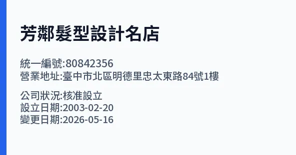 芳鄰髮型設計名店的照片-統編 80842356(臺中市) 公司登記資料與營業項目詳細圖表