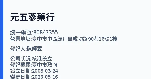 元五蔘藥行的照片-統編 80843355(臺中市) 公司登記資料與營業項目詳細圖表