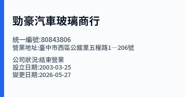 勁豪汽車玻璃商行的照片-統編 80843806(臺中市) 公司登記資料與營業項目詳細圖表