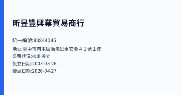 昕昱豐興業貿易商行的照片-統編 80844045(臺中市) 公司登記資料與營業項目詳細圖表