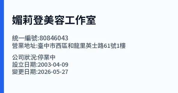 媚莉登美容工作室的照片-統編 80846043(臺中市) 公司登記資料與營業項目詳細圖表