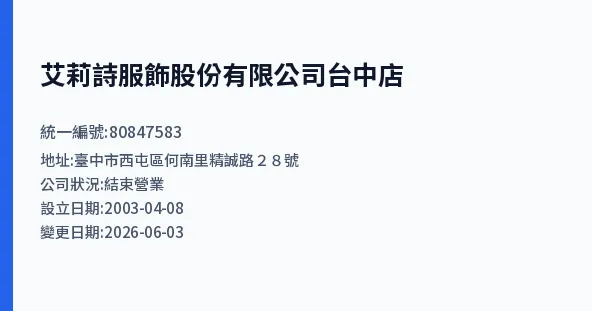 艾莉詩服飾股份有限公司台中店的照片-統編 80847583(臺中市) 公司登記資料與營業項目詳細圖表