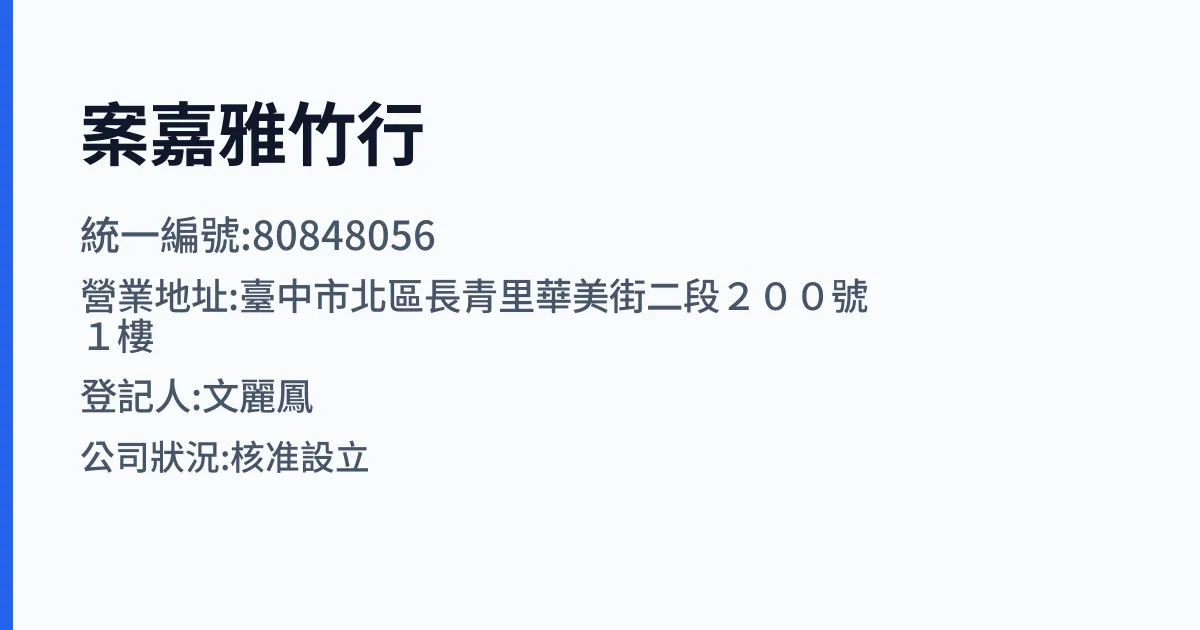 案嘉雅竹行 - 統編 80848056(臺中市) 公司登記資料與營業項目詳細圖表
