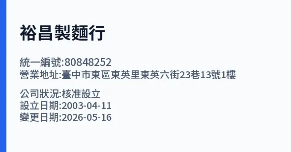 裕昌製麵行的照片-統編 80848252(臺中市) 公司登記資料與營業項目詳細圖表