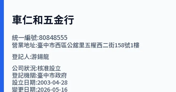 車仁和五金行的照片-統編 80848555(臺中市) 公司登記資料與營業項目詳細圖表