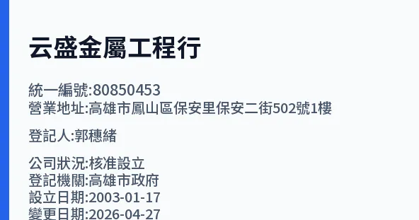 云盛金屬工程行的照片-統編 80850453(高雄市) 公司登記資料與營業項目詳細圖表